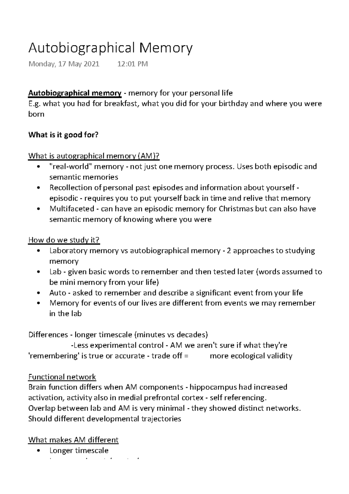 Autobiographical memory - Memory and Cognition - UOW - Studocu