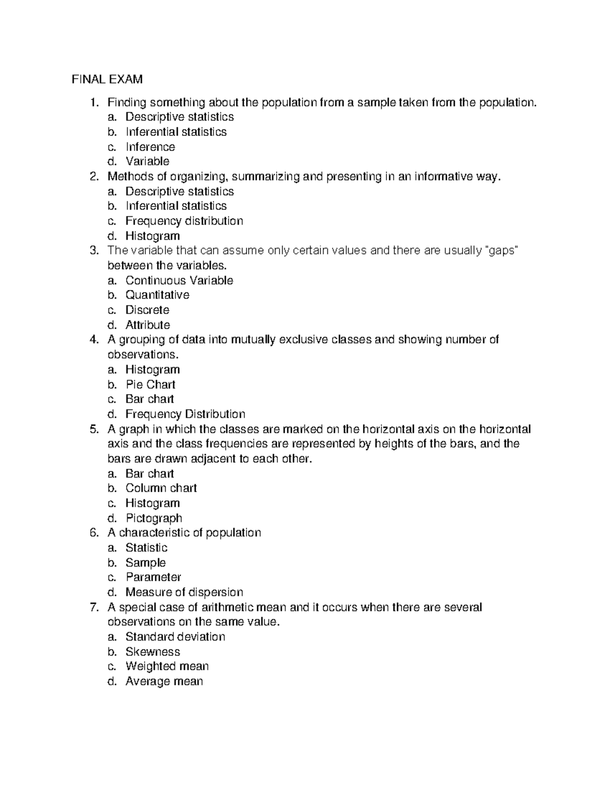 Final EXAM - statistics exam - FINAL EXAM Finding something about the ...