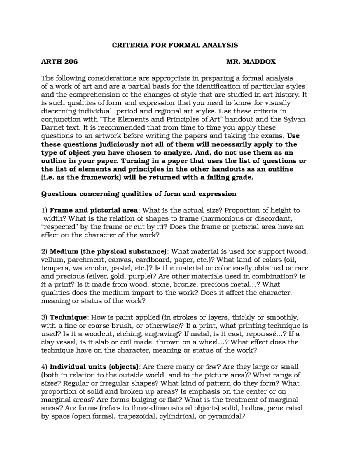 Criteria FOR Formal Analysis - CRITERIA FOR FORMAL ANALYSIS ARTH 206 MR ...