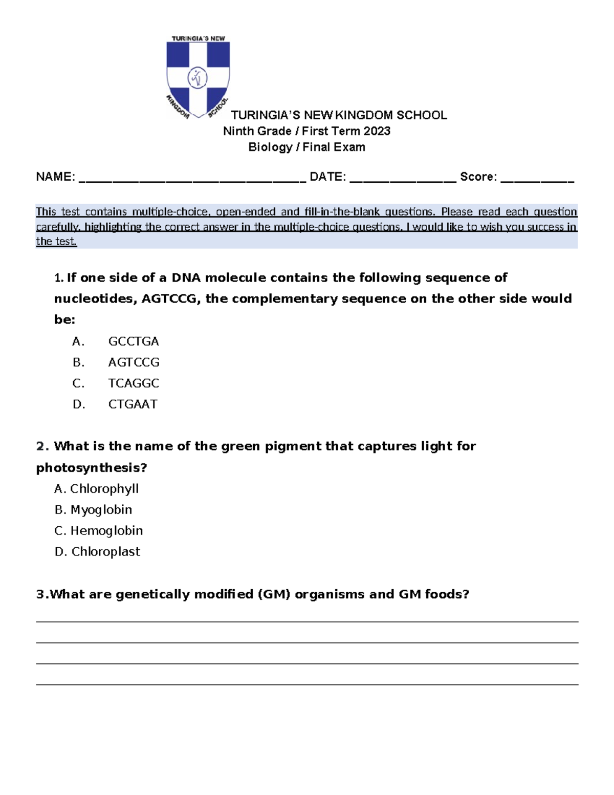 Biology 9th Examen de Admision Biologia - TURINGIA’S NEW KINGDOM SCHOOL ...