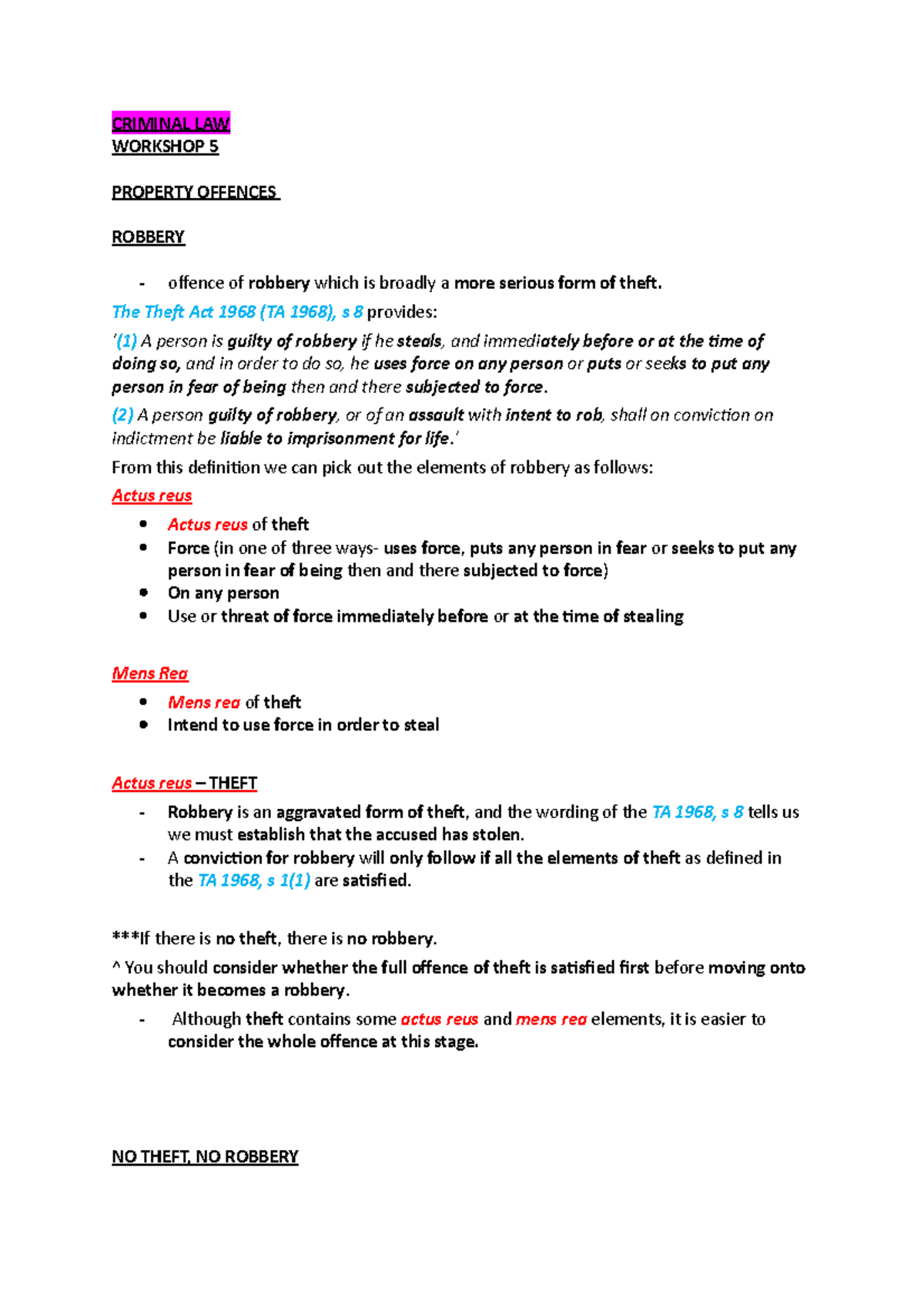 Robbery - CRIMINAL LAW WORKSHOP 5 PROPERTY OFFENCES ROBBERY offence of ...