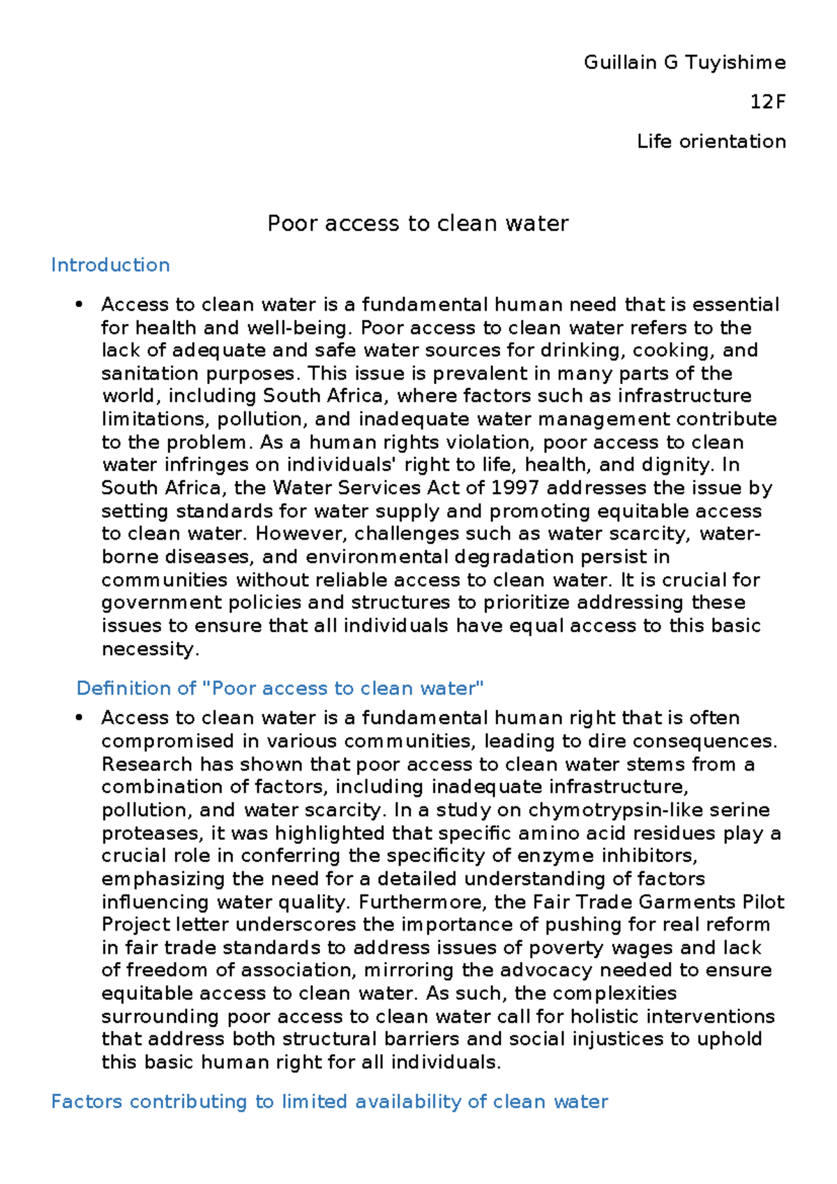 Poor-access-to-clean-water - Guillain G Tuyishime 12F Life orientation ...