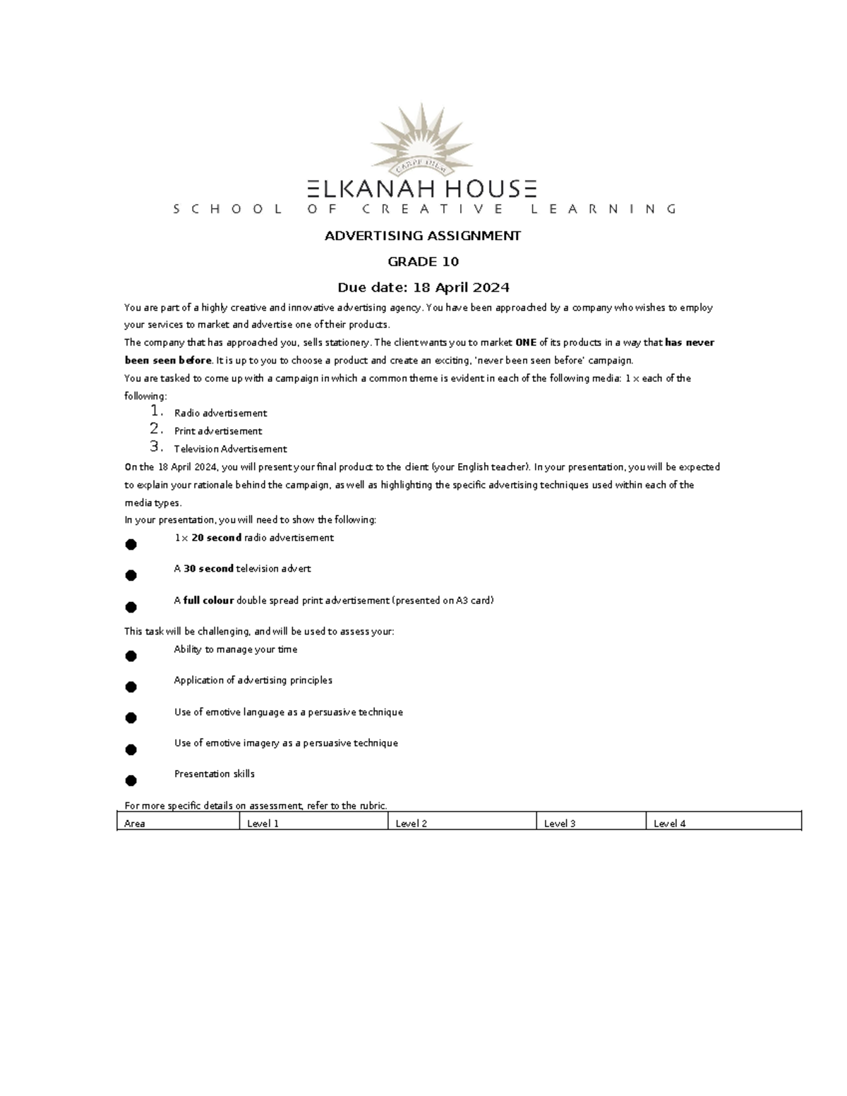 Grade 10 Advertising Project 2024 Final - ADVERTISING ASSIGNMENT GRADE ...