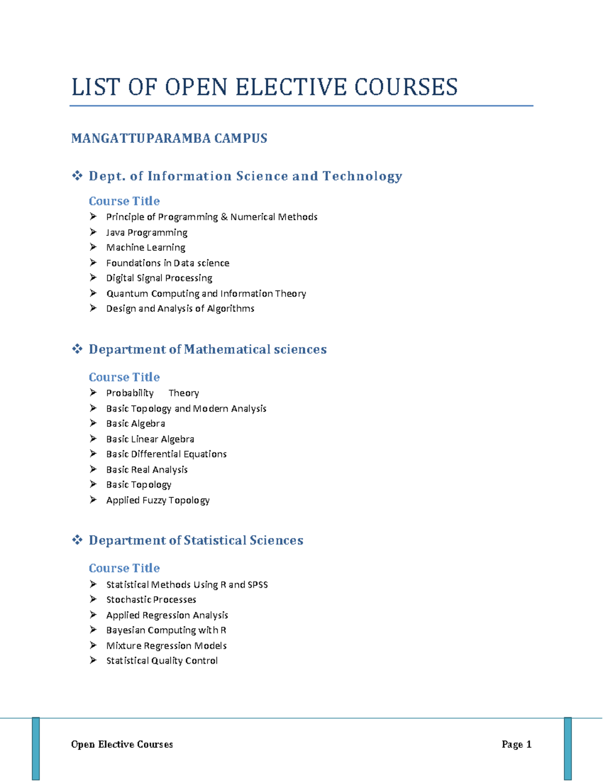 LIST OF OPEN Elective Courses V2 - LIST OF OPEN ELECTIVE COURSES MANGATTUPARAMBA CAMPUS Dept. of ...
