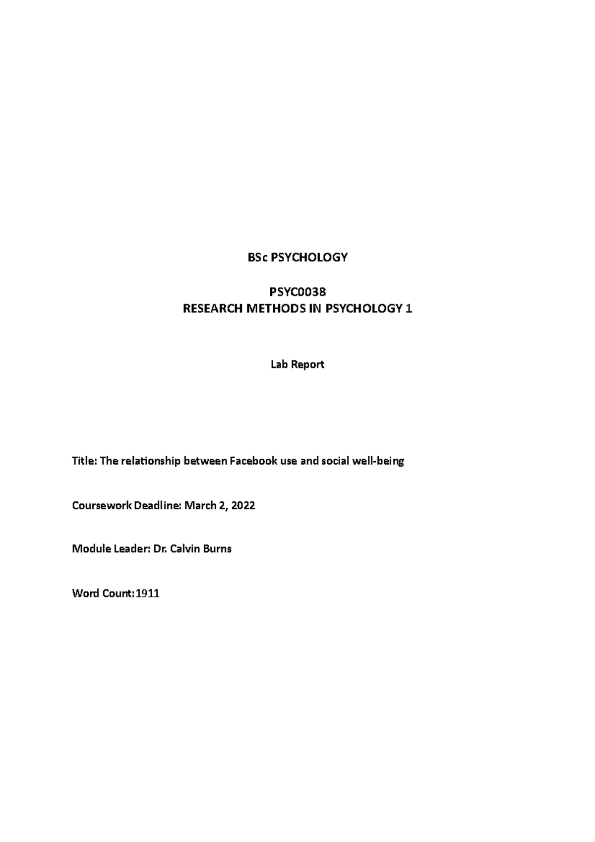 Laboratory report - BSc PSYCHOLOGY PSYC RESEARCH METHODS IN PSYCHOLOGY ...