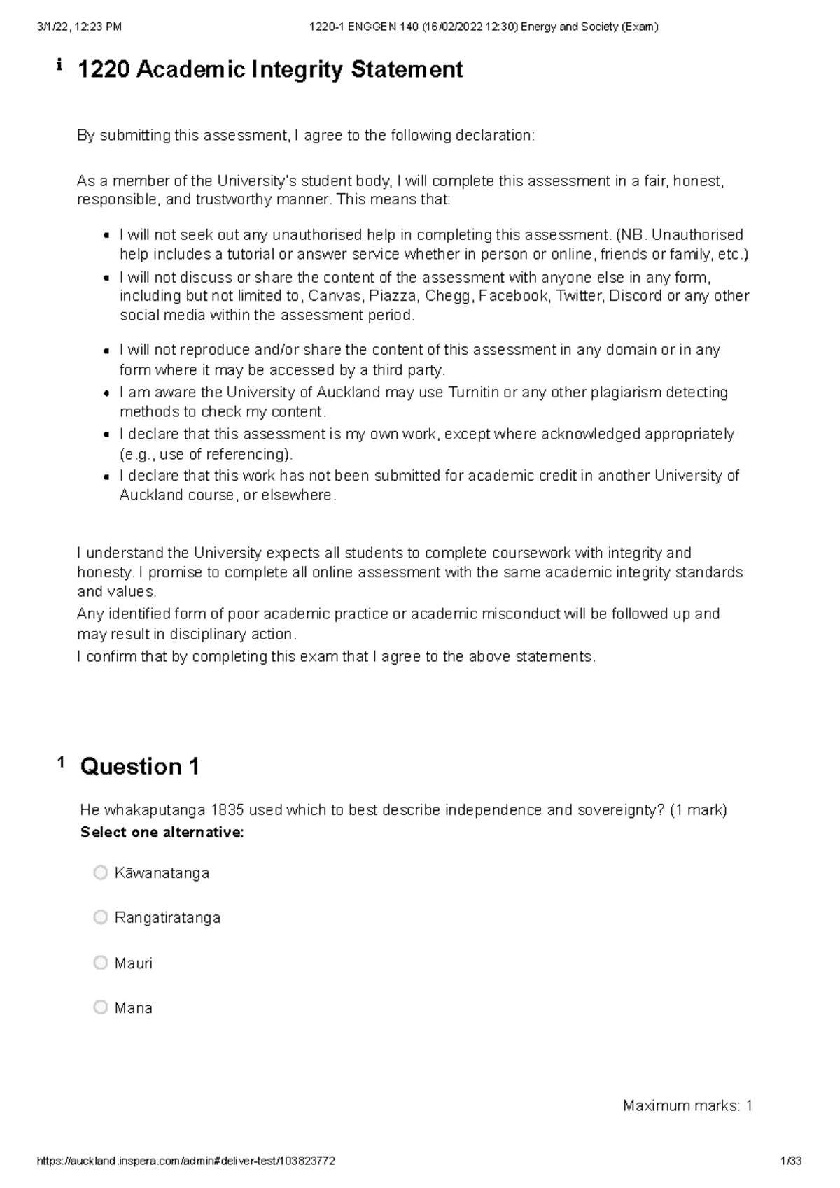 ENGGEN 140 Summer School 2022 Practice Exam - 1220 Academic Integrity ...