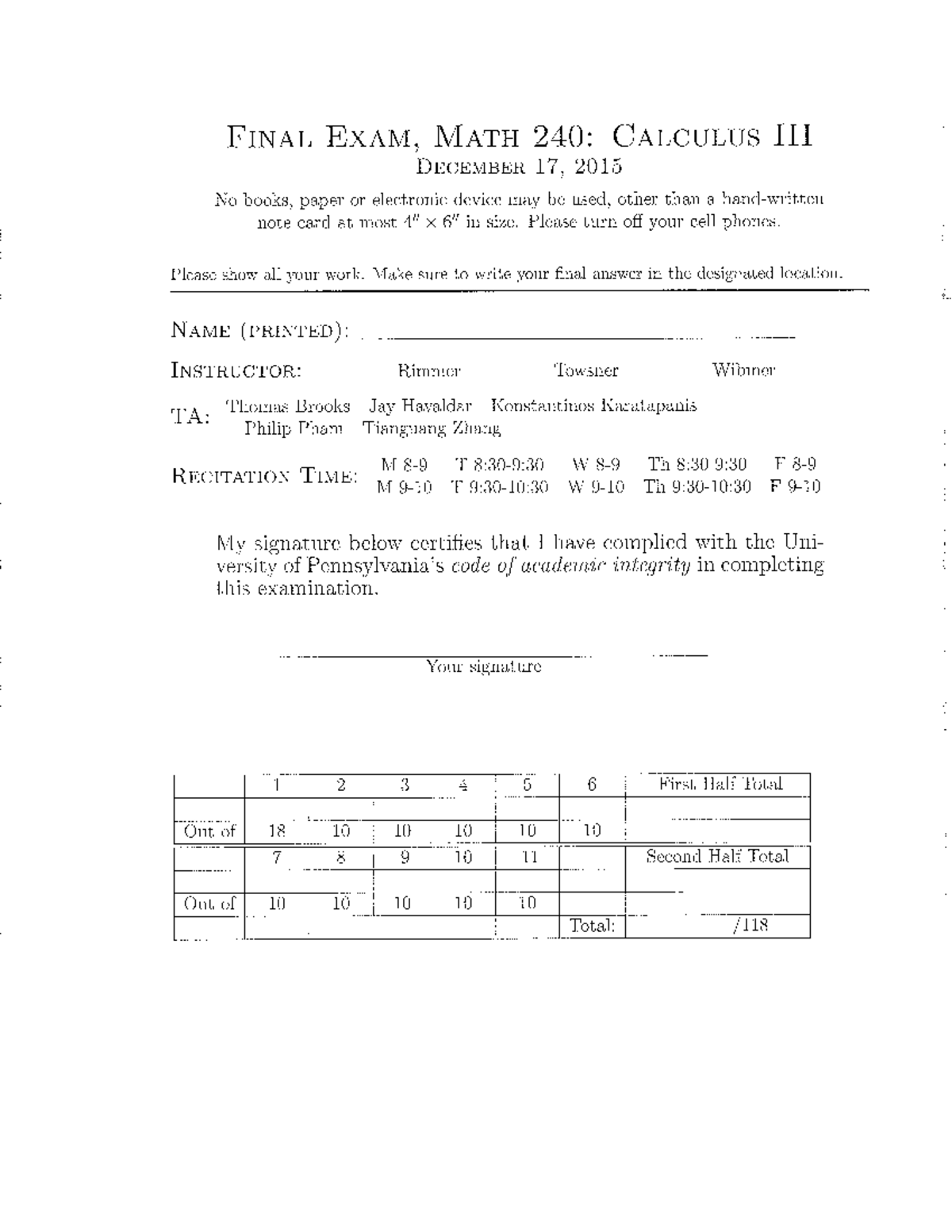 Final exam 23 April Fall 2019, questions - FINAL EXAM, MATH 240 ...