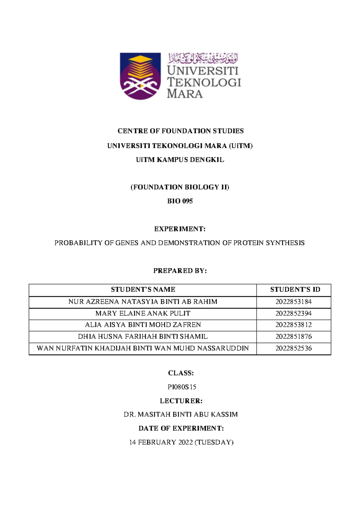 LAB Report BIO095 (EXP 1) - CENTRE OF FOUNDATION STUDIES UNIVERSITI ...