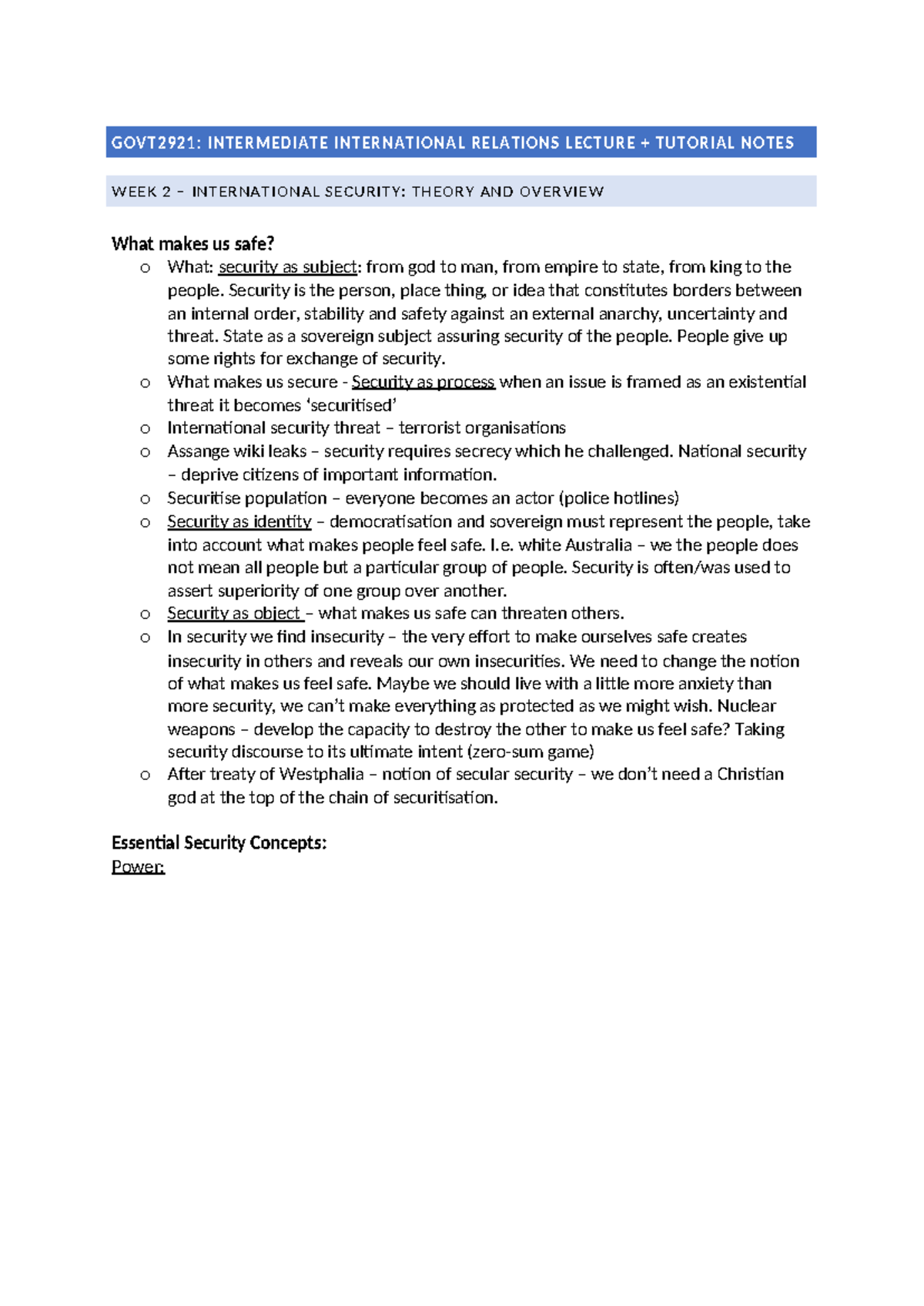Lecture and tutorial notes - GOVT2921: INTERMEDIATE INTERNATIONAL ...