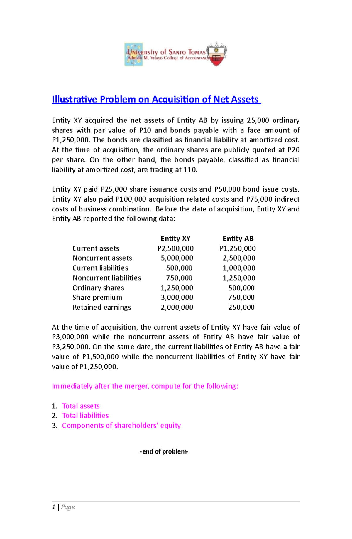 Merger Illustrative Example with Solution - Illustrative Problem on ...