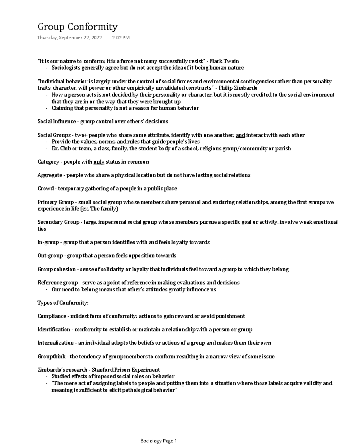 Sociology Group Conformity - "It is our nature to conform; it is a ...