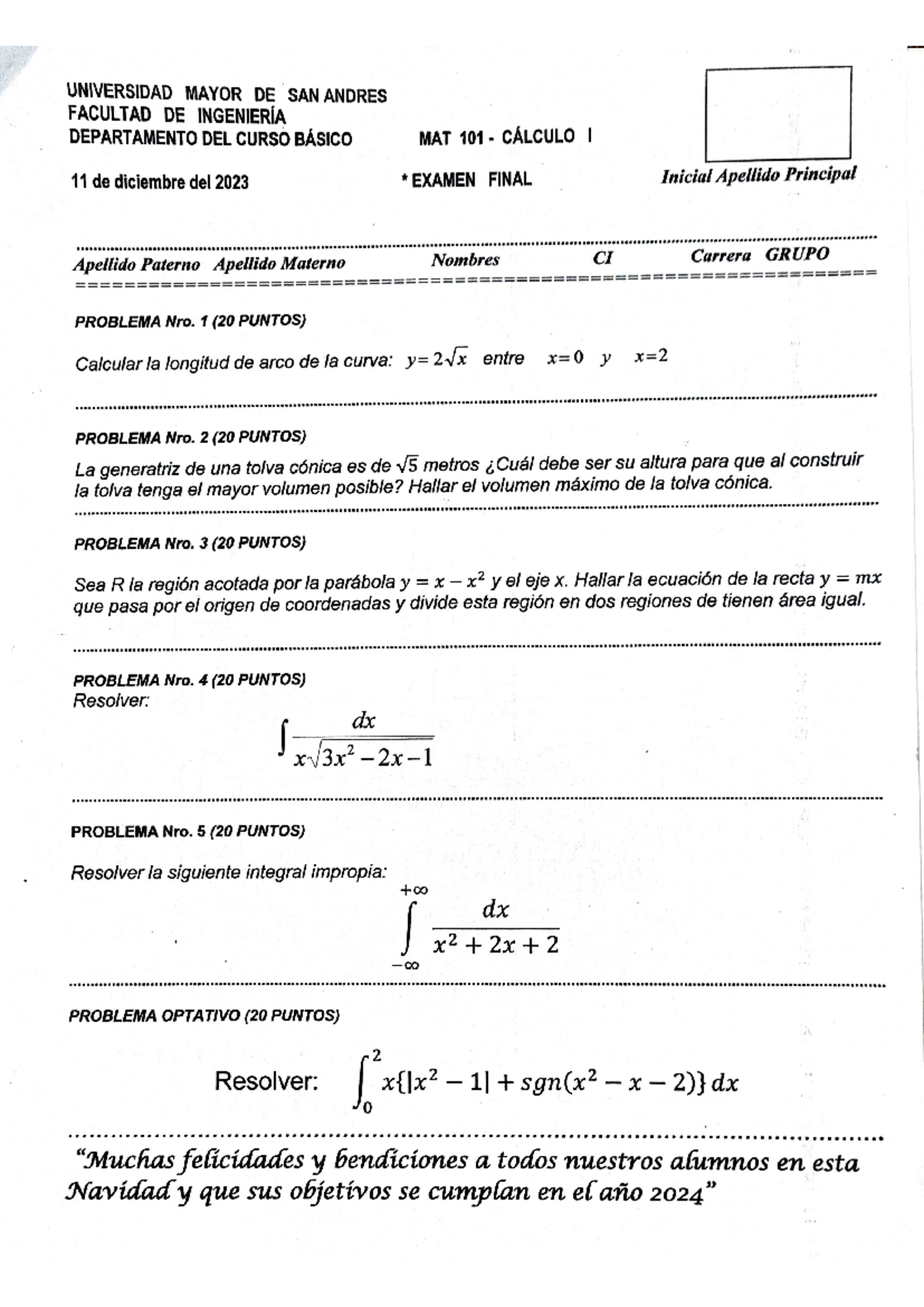 Mat 101 Ex. final - Soluciones - Cálculo I - Studocu