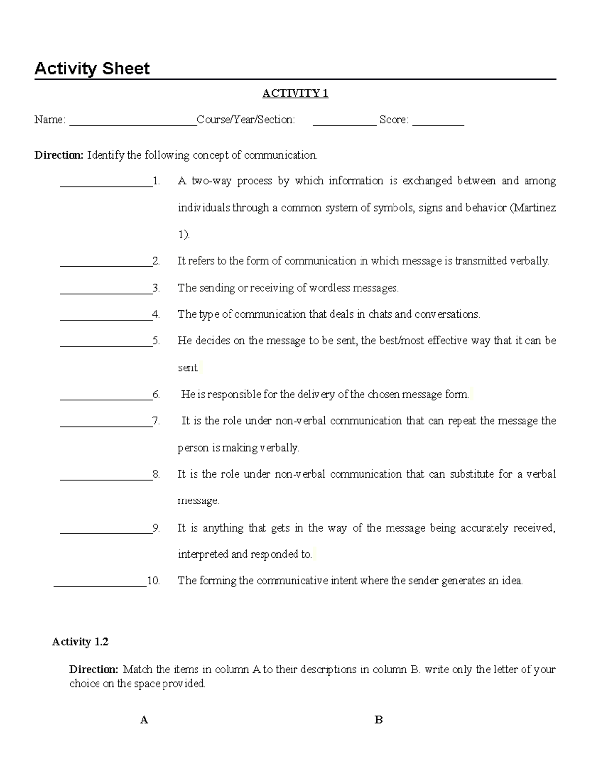 GEC 5 Activity Sheet 1 - Yes - Activity Sheet ACTIVITY 1 Name: - Studocu