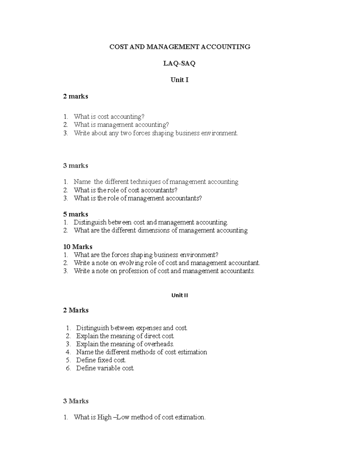 CMA-SAQ-LAQ - COST AND MANAGEMENT ACCOUNTING LAQ-SAQ Unit I 2 marks ...