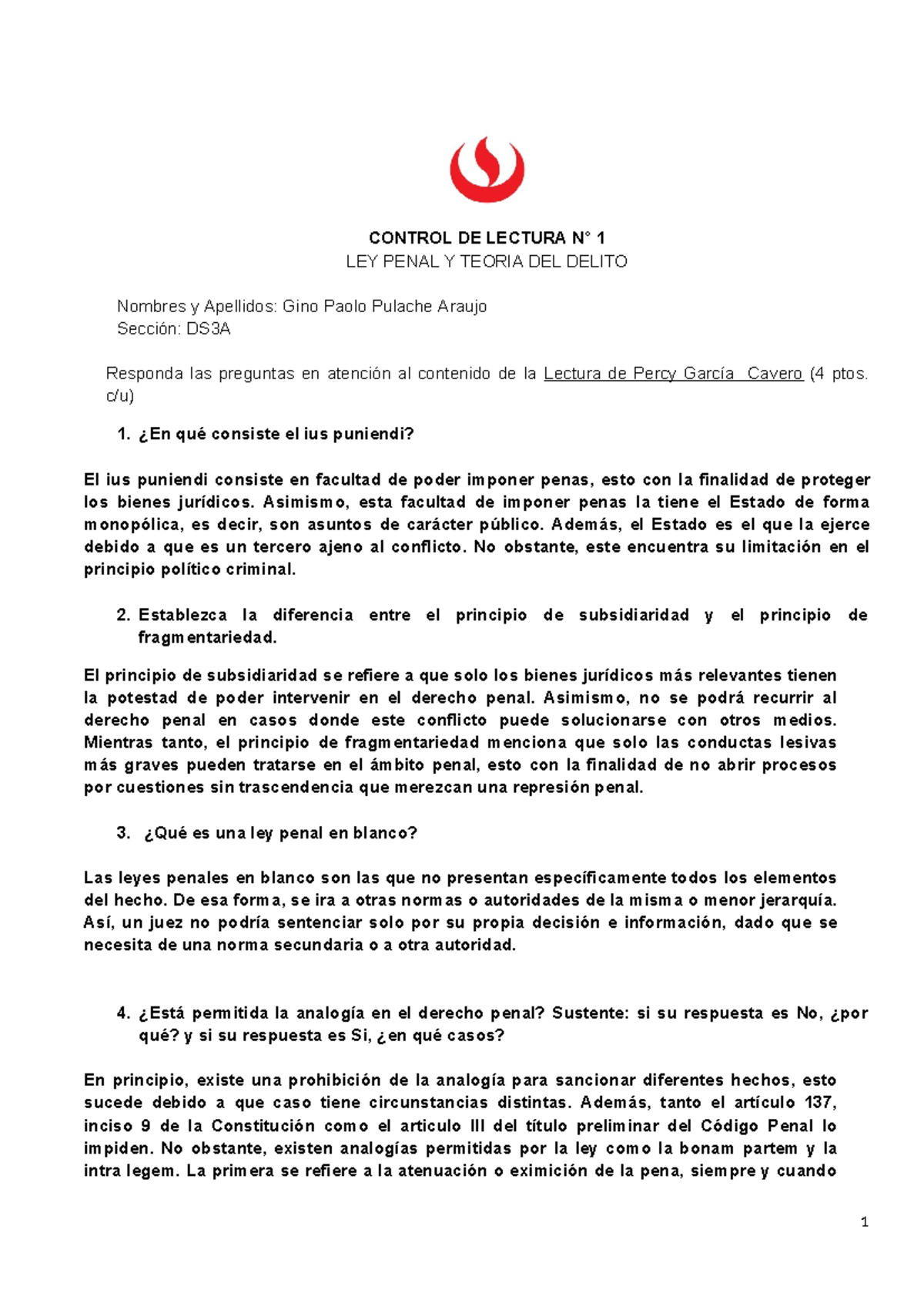 Control DE Lectura Nº 1 LEY Penal - CONTROL DE LECTURA N° 1 LEY PENAL Y ...