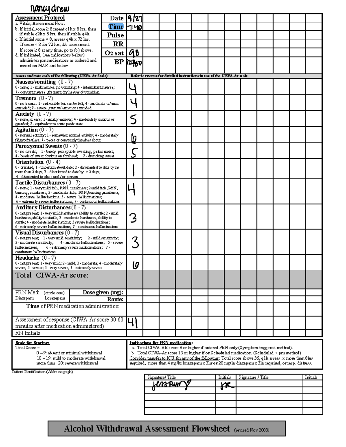 CIWA - notes - ####### Assessment Protocol a. Vitals, Assessment Now. b ...