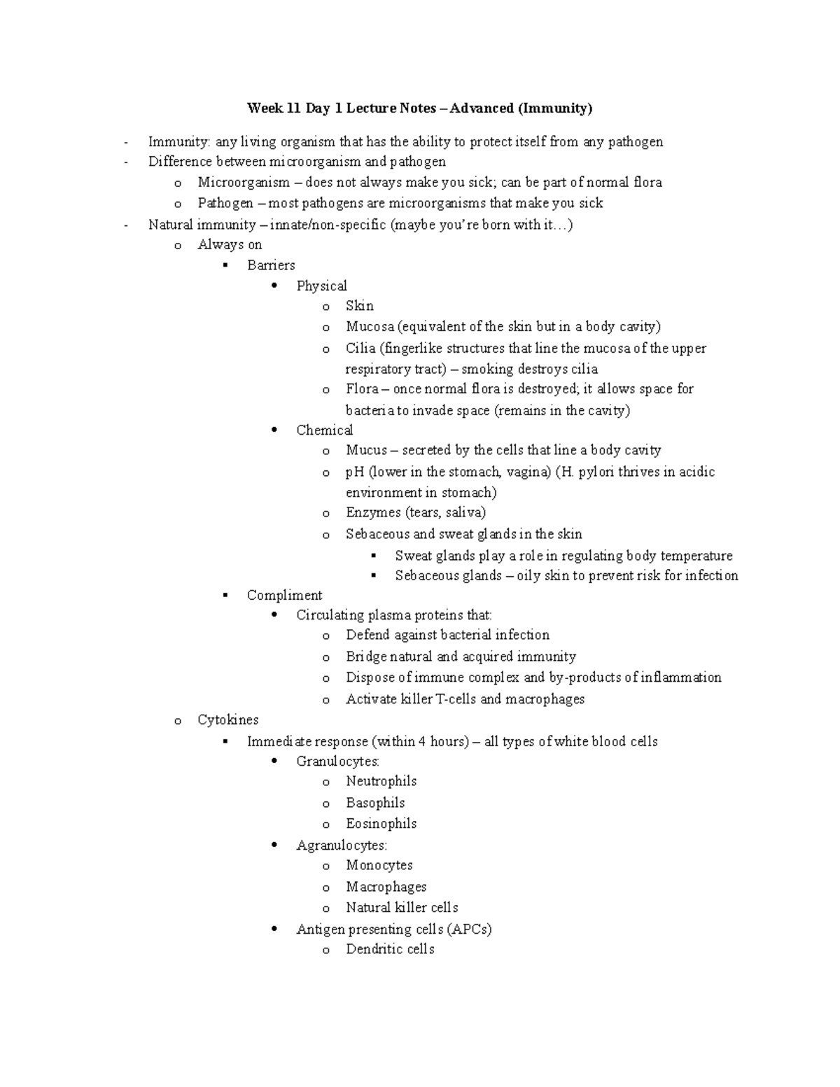Week 11 Day 1 Immunity Lecture Notes - Week 11 Day 1 Lecture Notes ...