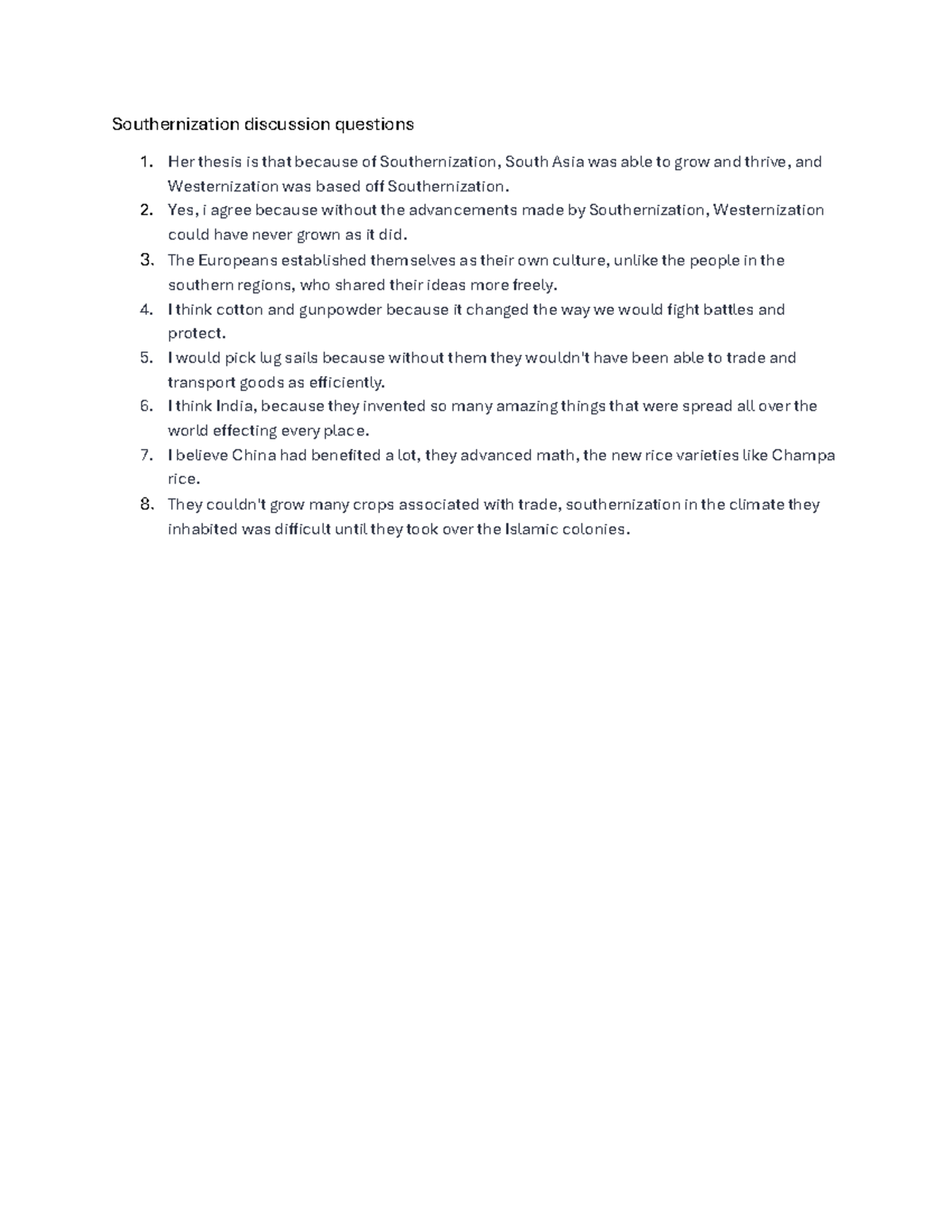 Document 3 - southernization discussion questions 1-8 - Southernization ...
