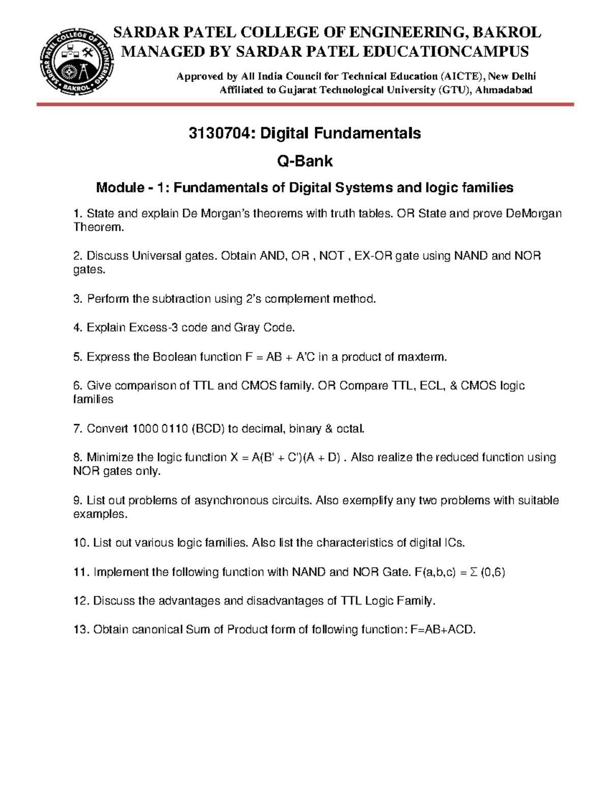Q-Bank Digital Fundamentals - SARDAR PATEL COLLEGE OF ENGINEERING ...