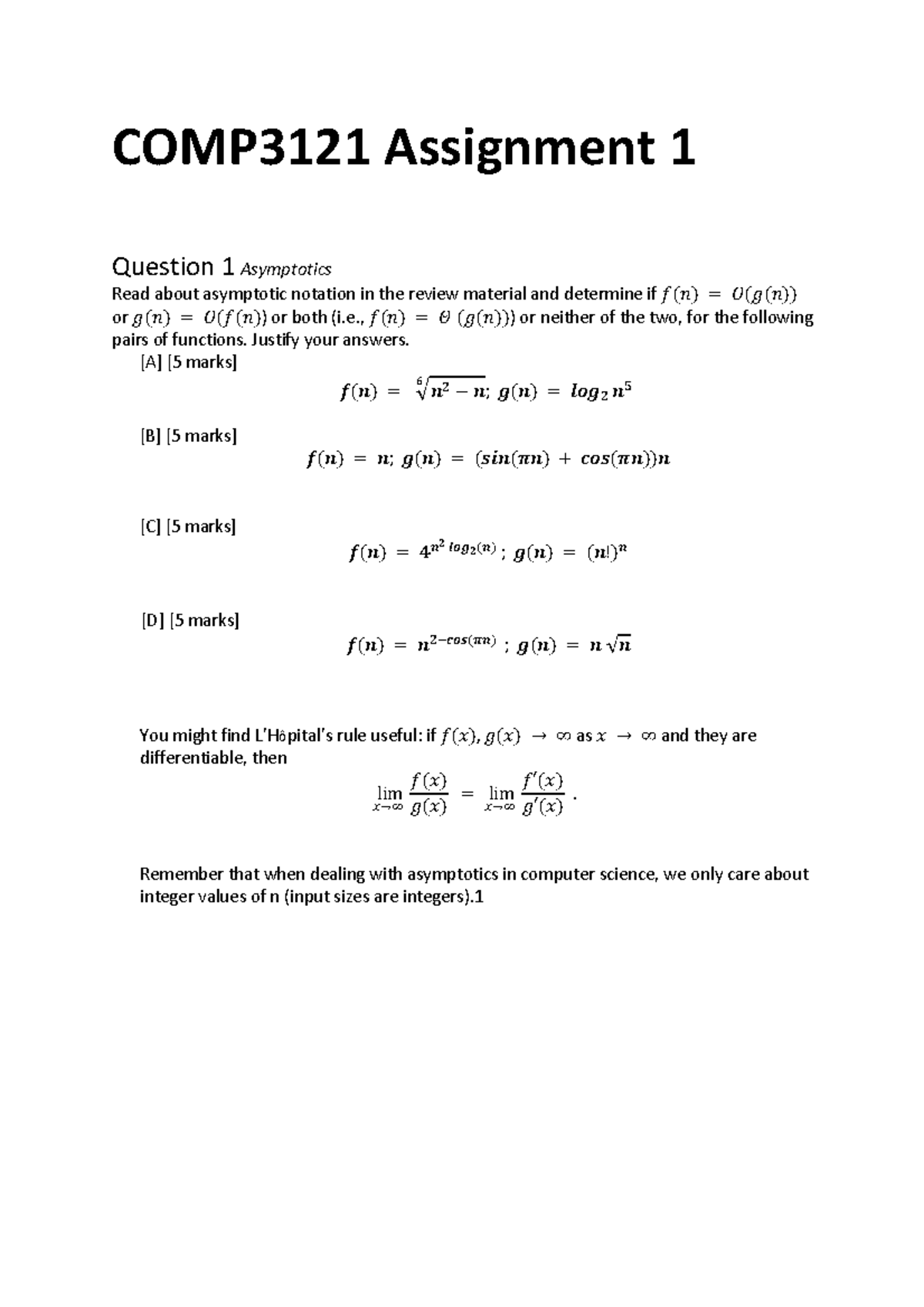 COMP3121 Assignment 1 - , 𝑓(𝑛) = 𝛩 (𝑔(𝑛))) or neither of the two, for the following pairs of ...