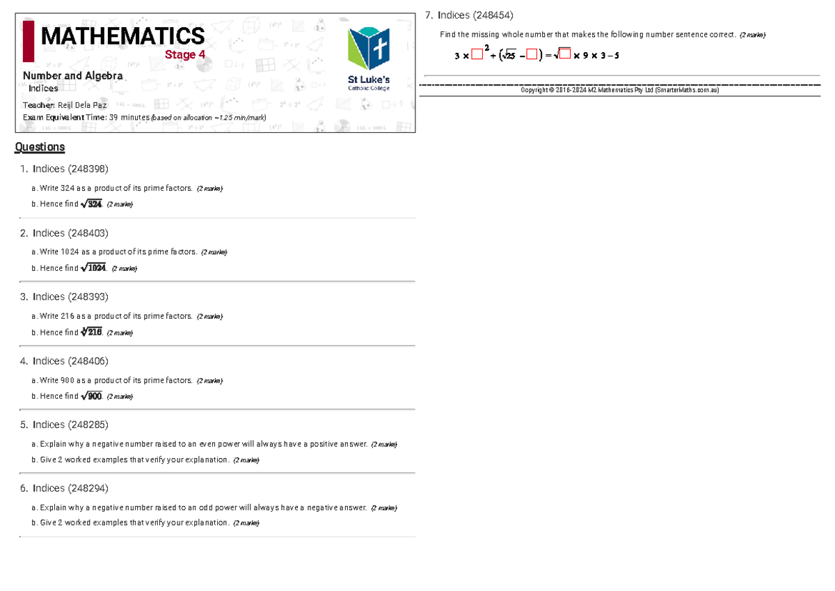 Extension - Trig questions - 1. Indices (248398) 2. Indices (248403) 3 ...