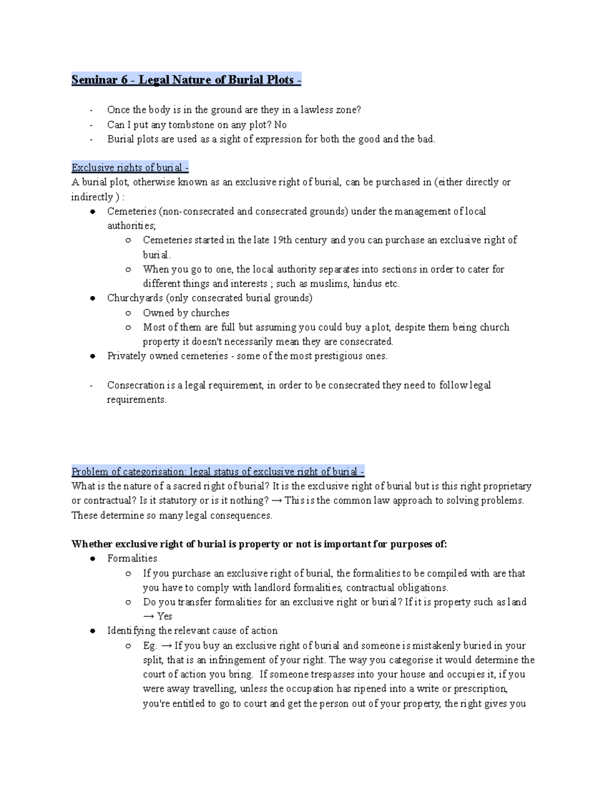Law & Human Body - Seminar 6, Legal Nature of Burial Plots - Seminar 6 - Legal Nature of Burial ...