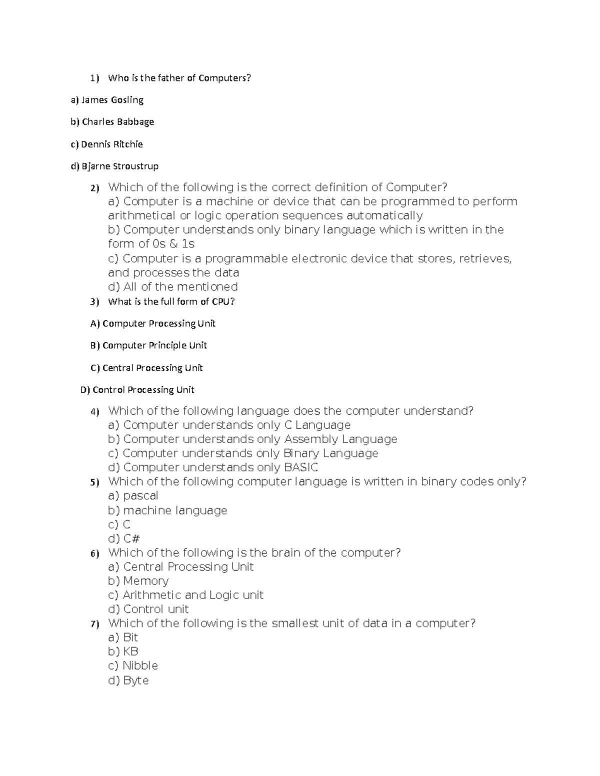 Mca qp1 - It's a qp - 1) Who is the father of Computers? a) James ...