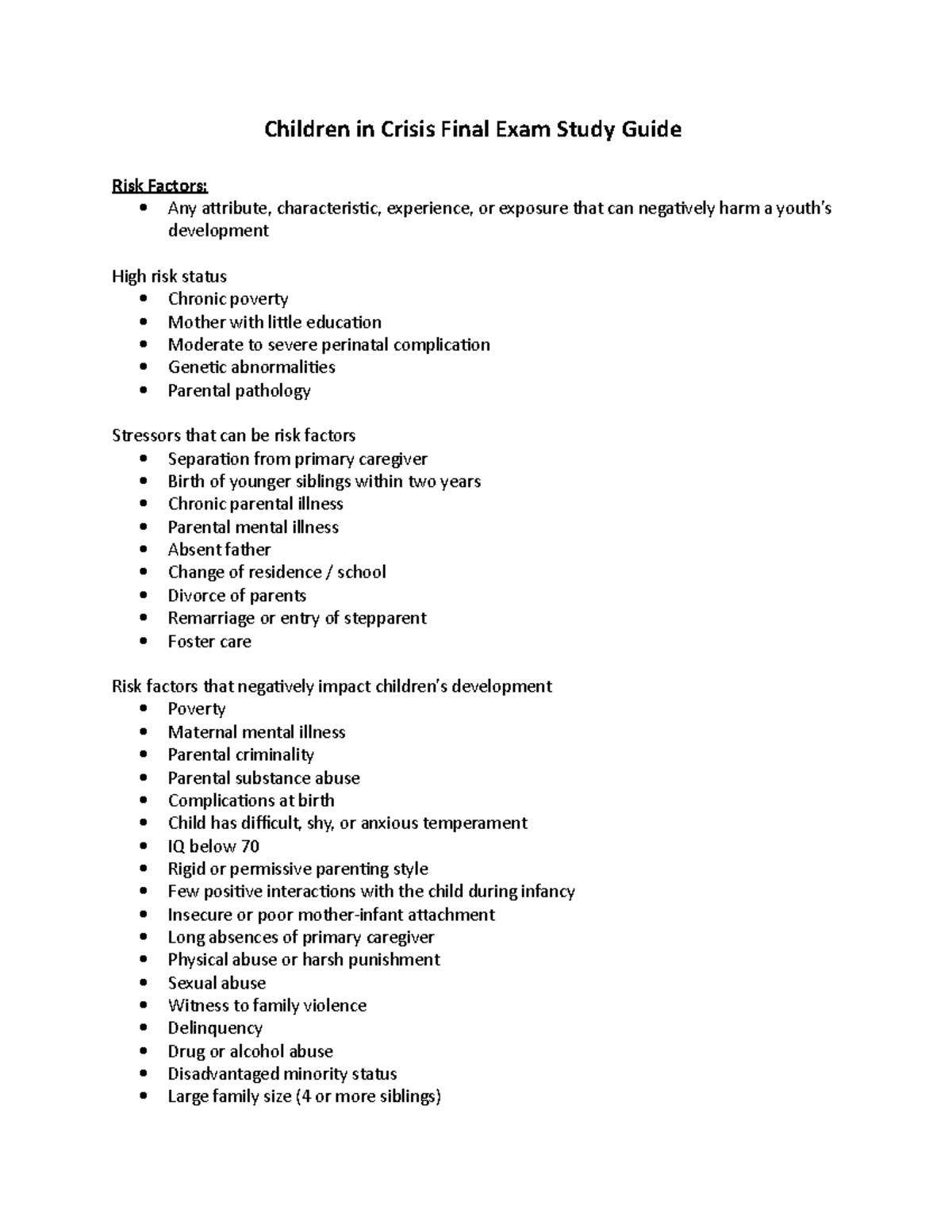 Child in crisis Final Exam Study Guide - Children in Crisis Final Exam ...