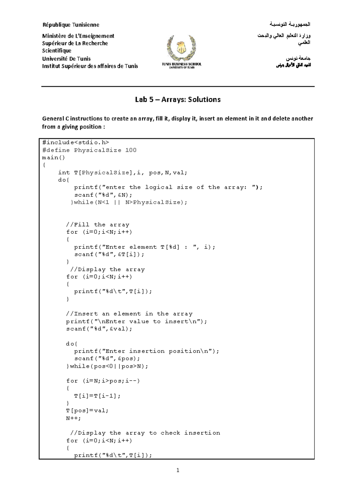 Lab-5-Arrays-Solutions - Ministère de L’Enseignement Supérieur de La Recherche Scientifique ...