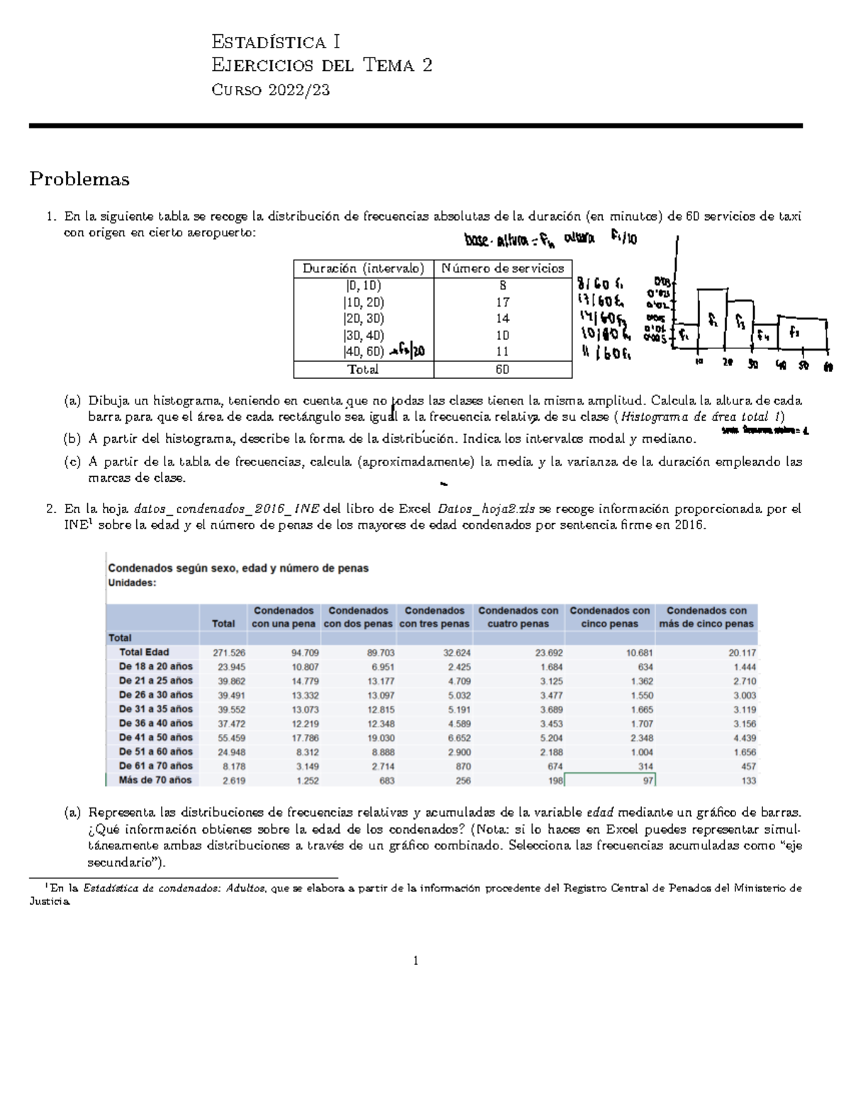 Hoja tema 2 - hoja del tema 2 - Estadística I Ejercicios del Tema 2 Curso 2022/ Problemas 1. En ...