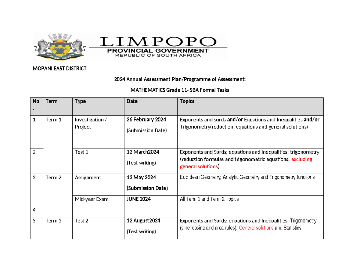 2024 Annual Assessment Plan Gr11 Maths - MOPANI EAST DISTRICT 2024 ...