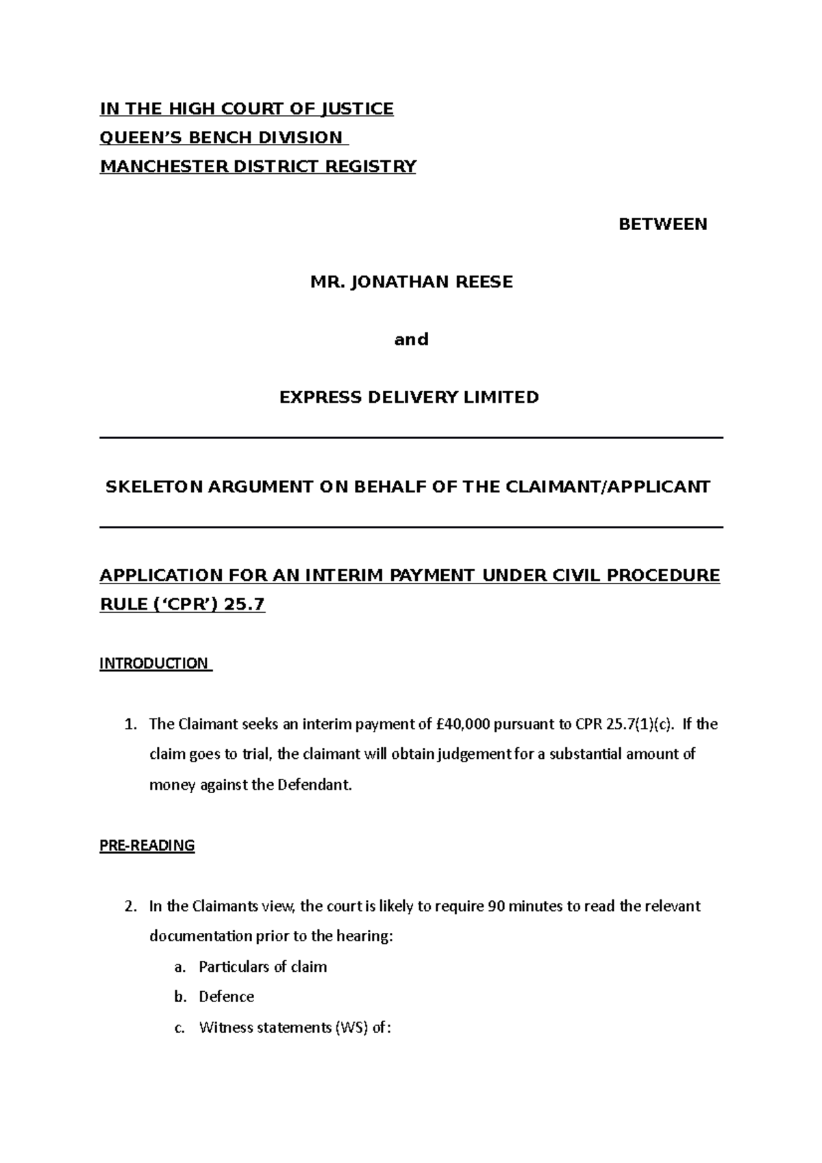 Interim Payment - IN THE HIGH COURT OF JUSTICE QUEEN’S BENCH DIVISION ...