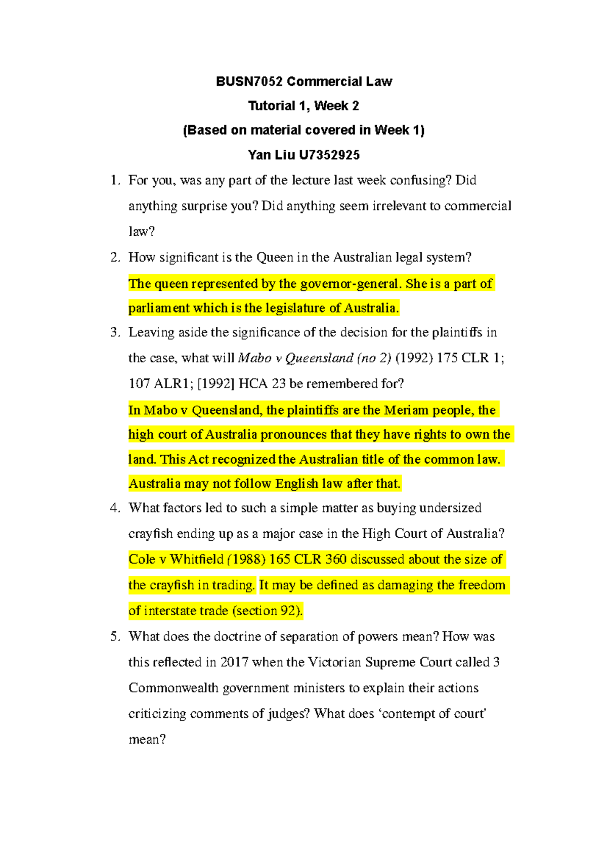 1 Tutorial Questions Week 2 2021 - BUSN7052 Commercial Law Tutorial 1 ...