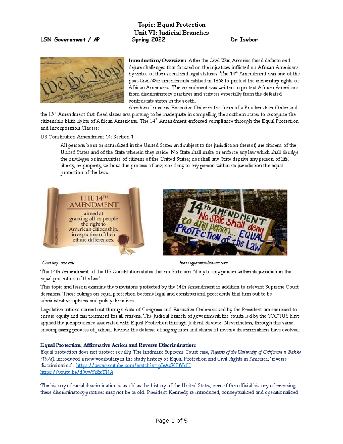 2022 Spring-Equal Protection and The 14th Amendment - Unit VI: Judicial Branches LSN Government ...
