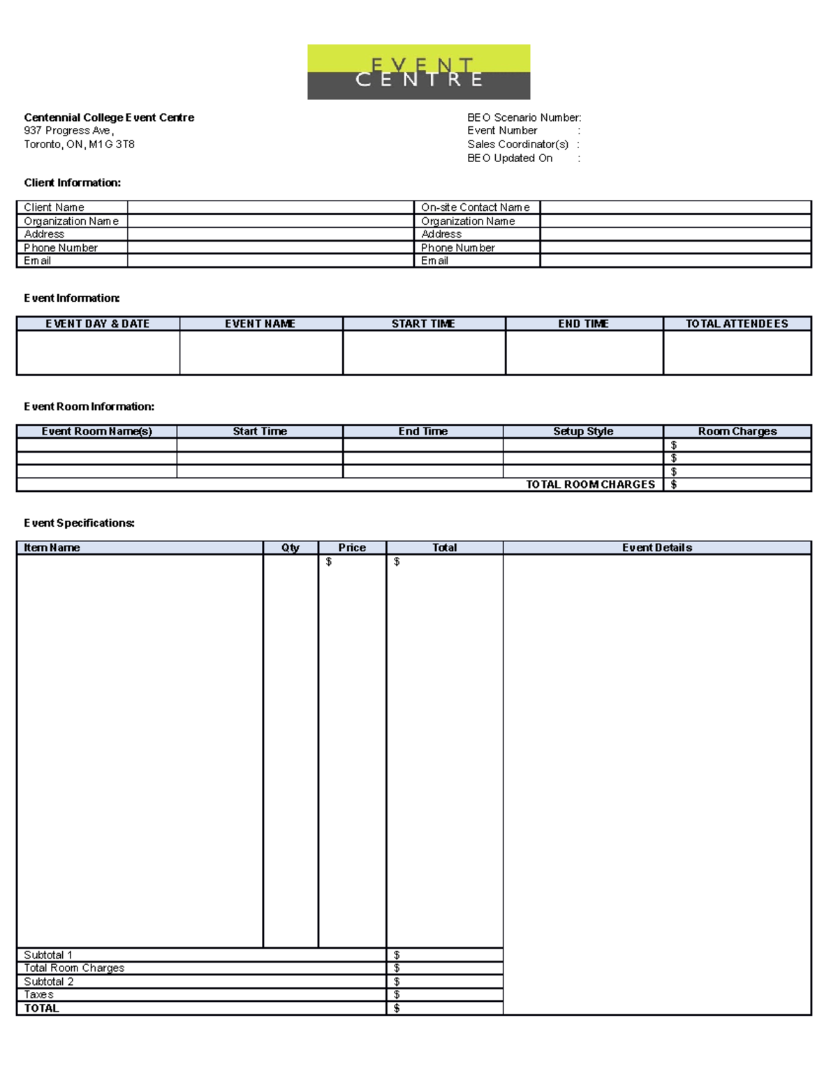 Banquet Event Order Template - Centennial College Event Centre BEO ...