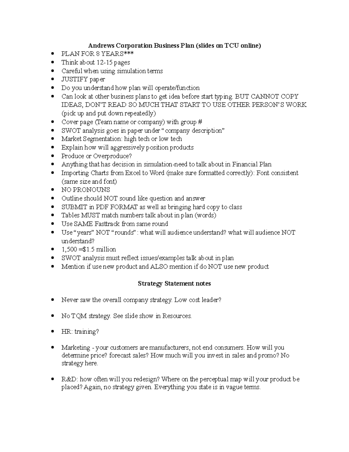 Business Plan, Simulation, Strategy Statement notes - Andrews ...