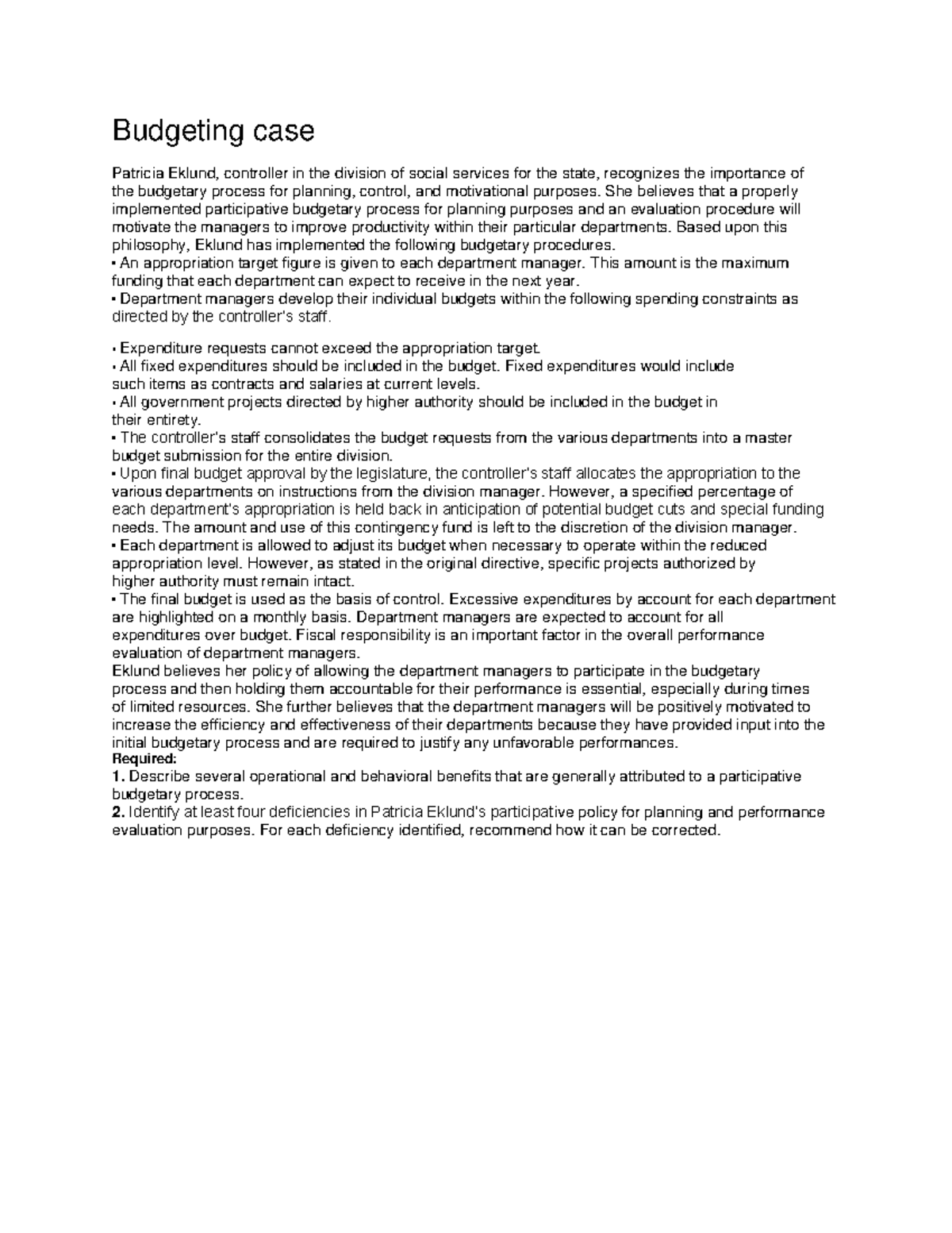 Case study for students - Budgeting case Patricia Eklund, controller in ...