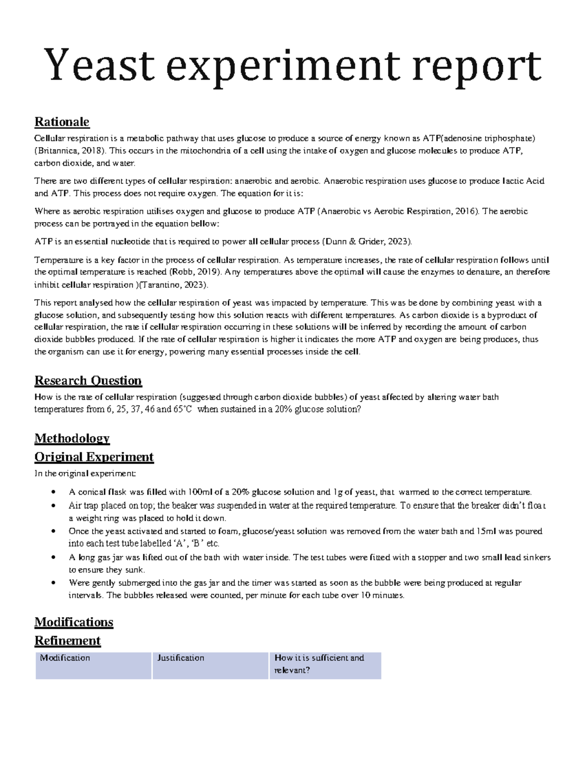 FIA2 Biology Yeast - Yeast experiment report Rationale Cellular ...