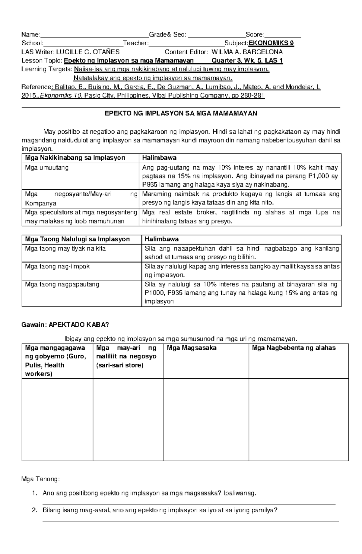 AP 9, Quarter 3, WEEK 5, LAS 1 - Name ...