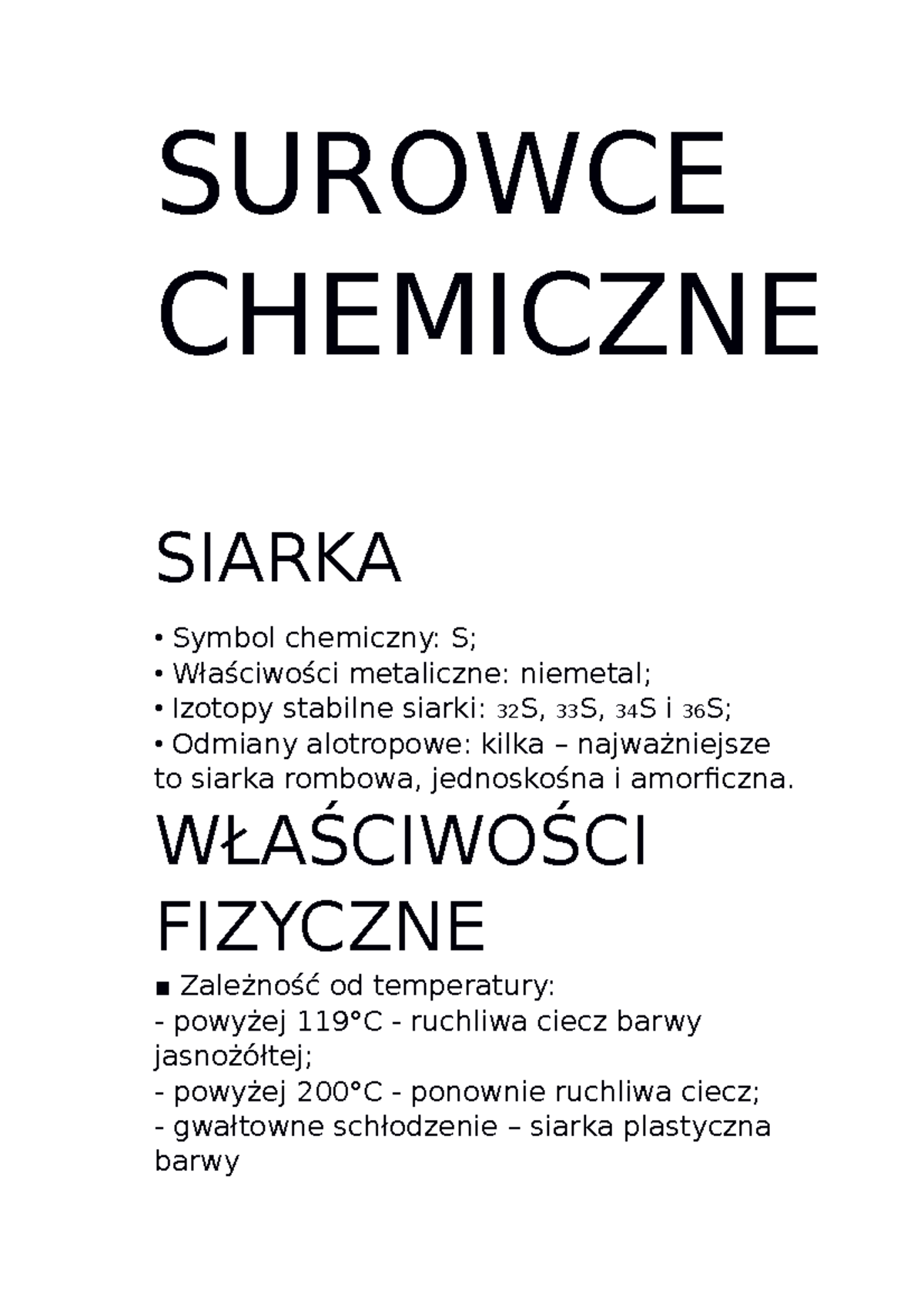 Surowce-chemiczne - SUROWCE CHEMICZNE SIARKA Symbol chemiczny ...