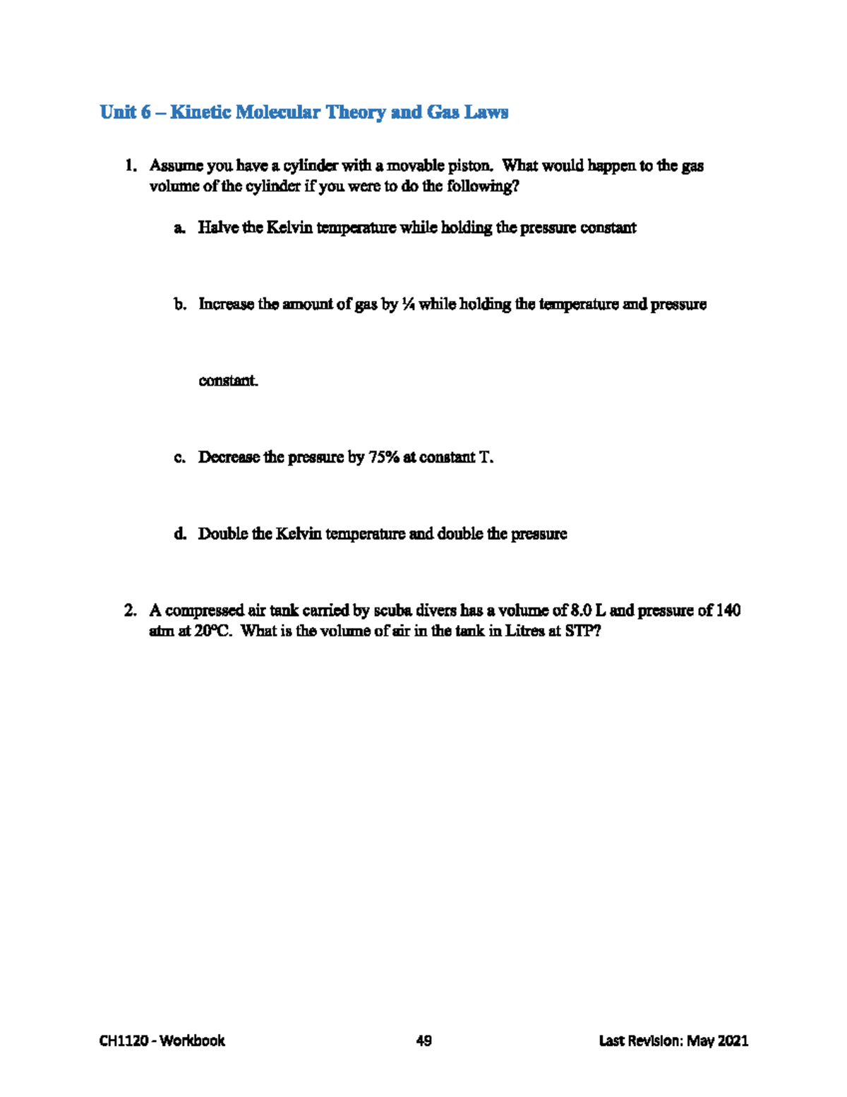 Workbook - Unit 6 - Kinetic Molecular Theory and Gas Laws Questions ...