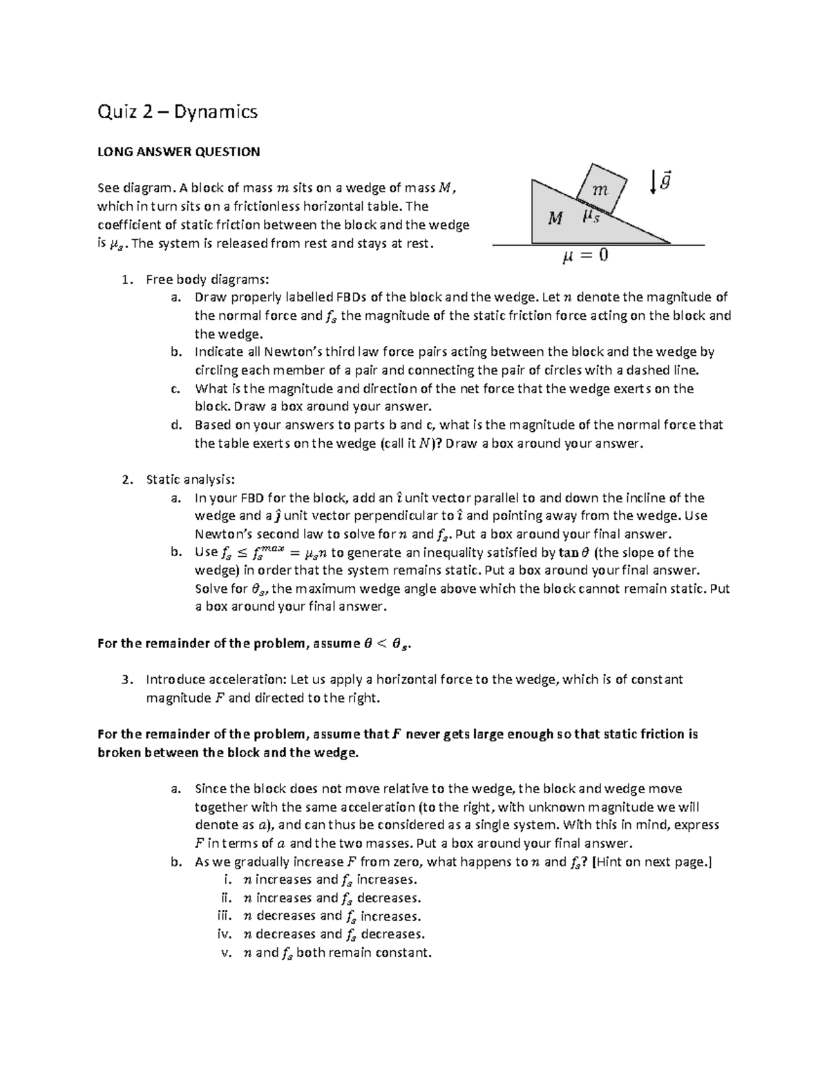 Quiz 2 - Dynamics - Long Answer Question - Quiz 2 – Dynamics LONG ...
