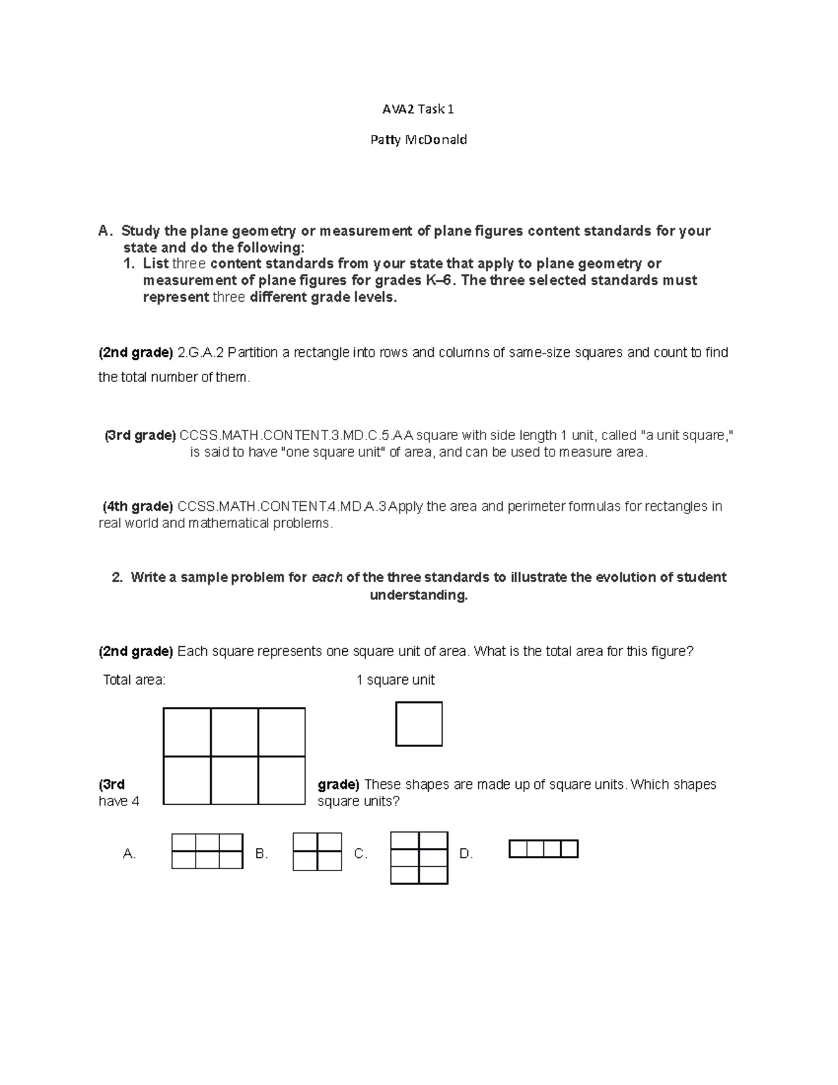 AVA2 Task 1 - Math standards - AVA2 Task 1 Patty McDonald A. Study the ...