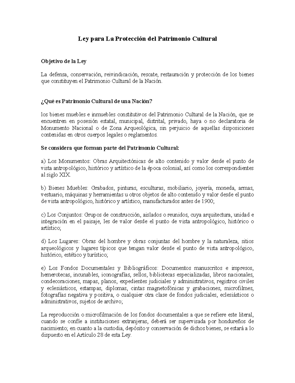 Resumen ejecutivo de La Ley para La Protección del Patrimonio Cultural - Ley para La Protección ...