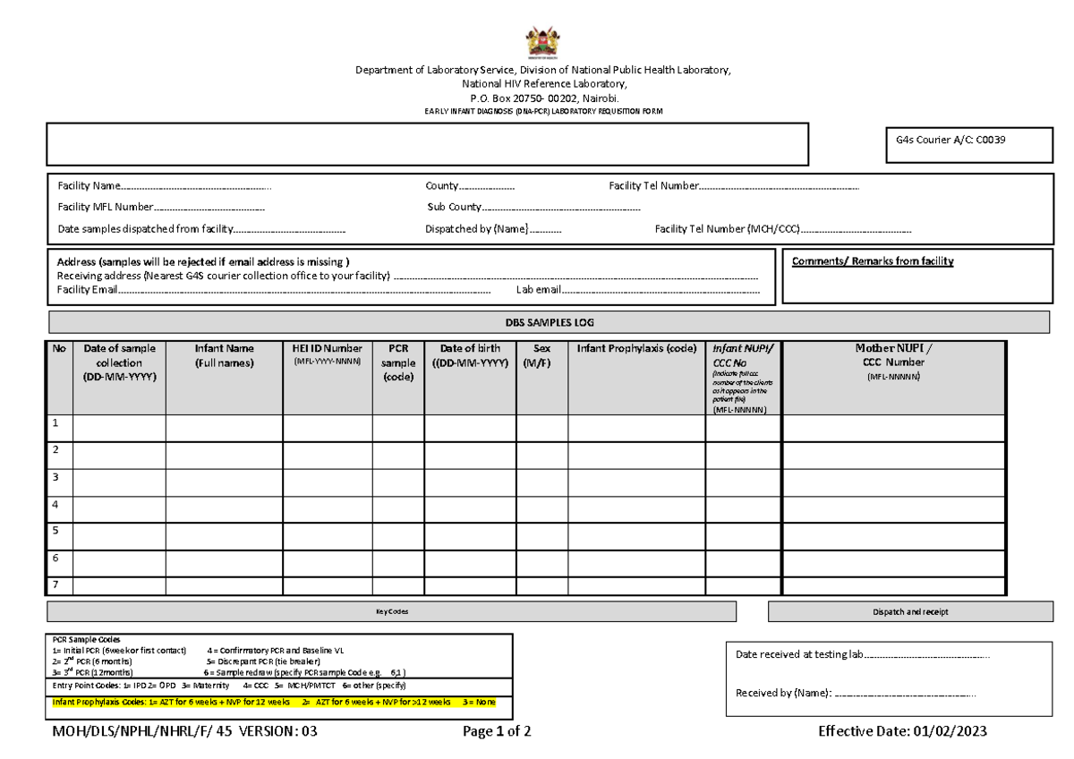 Kenya Early Infant Diagnosis (DNA-PCR) Requisition Form Final Version ...