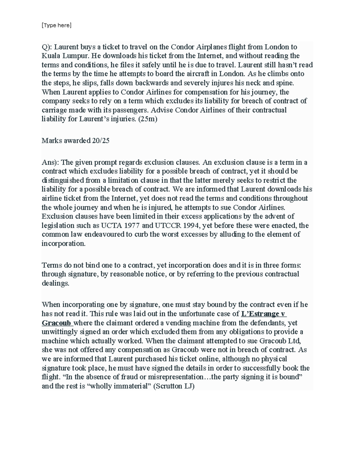 Exclusion Clauses - Essays/PQ - [Type here] Q): Laurent buys a ticket ...