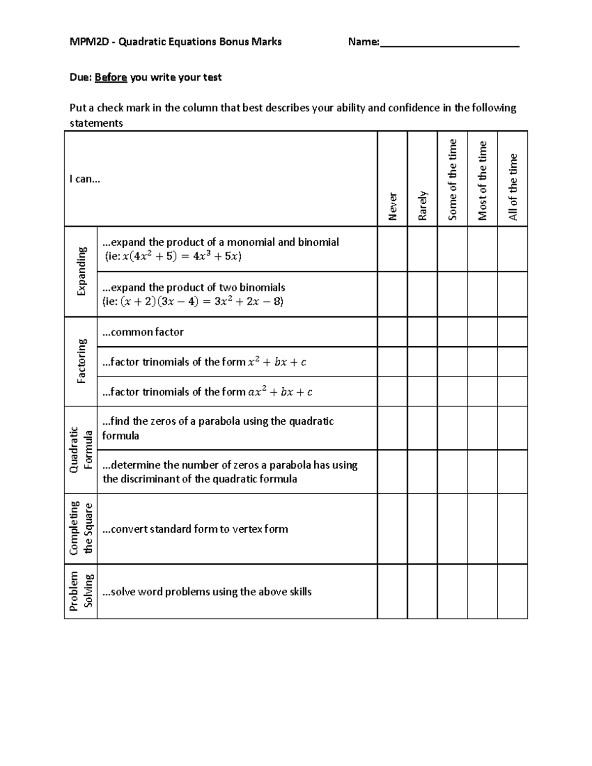 Review checklist quad equations - MPM2D - Quadratic Equations Bonus ...