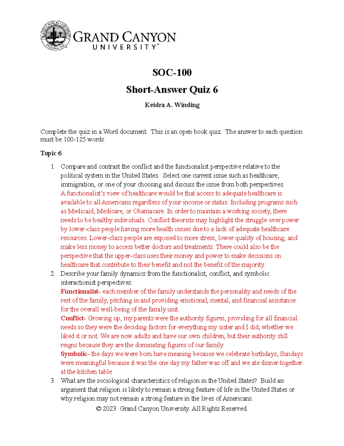 Short answer quiz 6 - SOC- Short-Answer Quiz 6 Keidra A. Winding ...