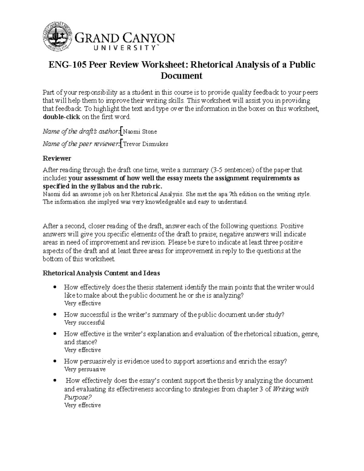 Peer Review Worksheet - This worksheet will assist you in providing ...