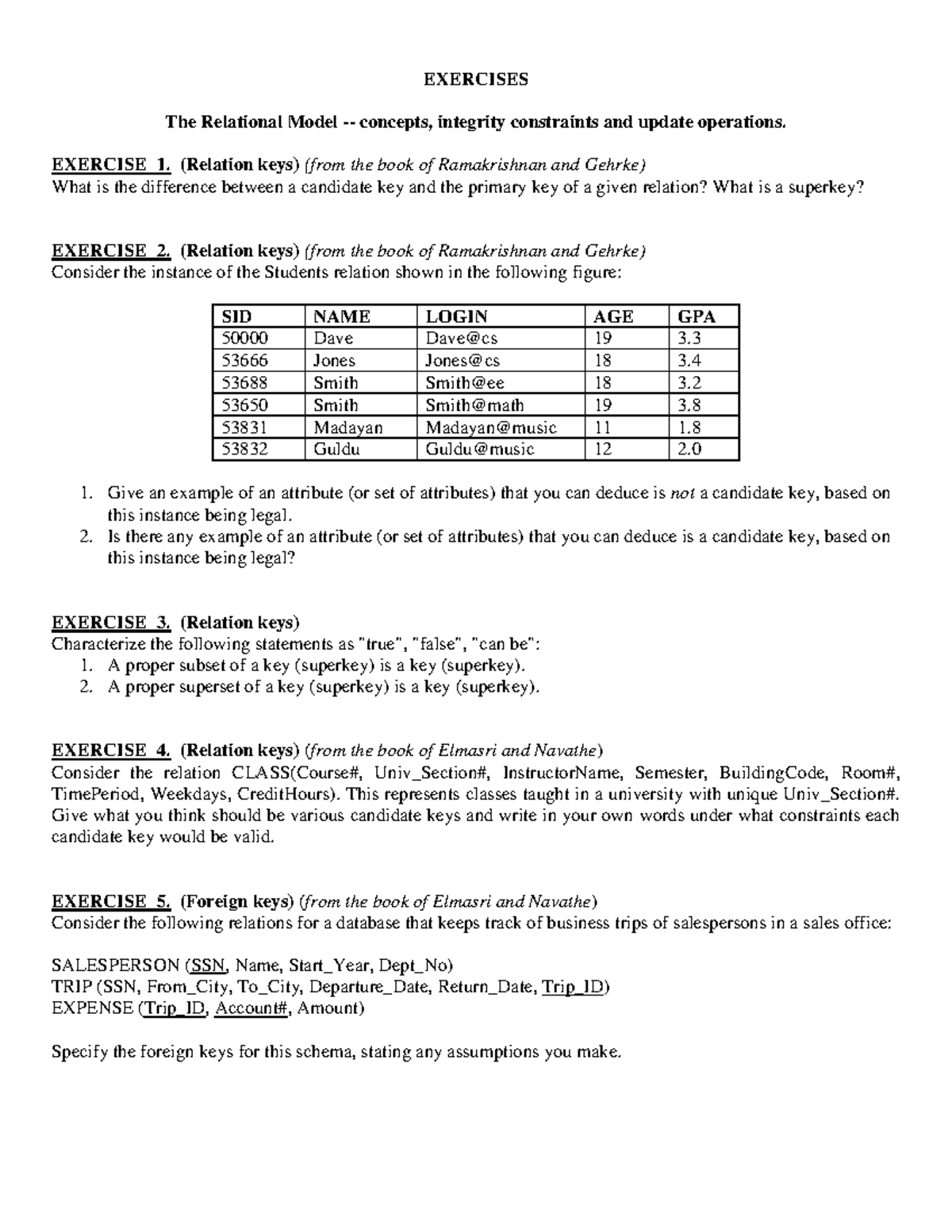 Assignment18 - EXERCISES The Relational Model - concepts, integrity constraints and update - Studocu